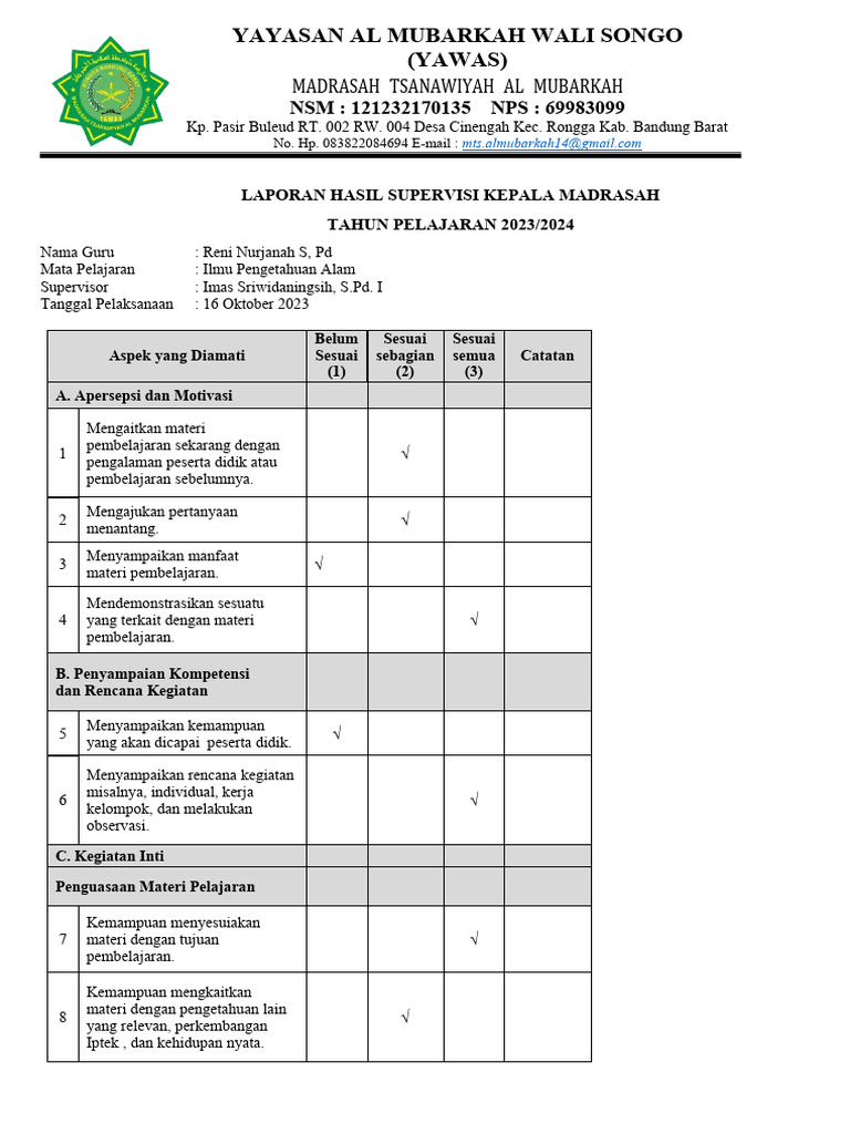 C4 Laporan Hasil Supervisi Kepala Madrasah | PDF