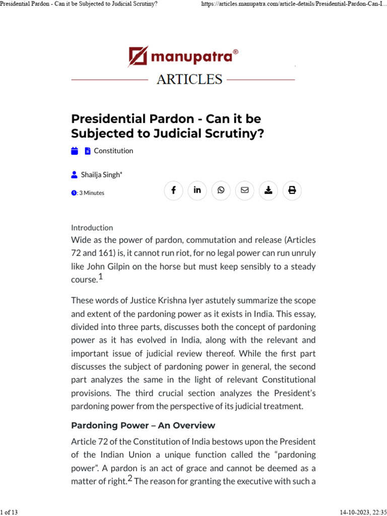 Presidential Pardon - Can It Be Subjected To Judicial Scrutiny | PDF ...