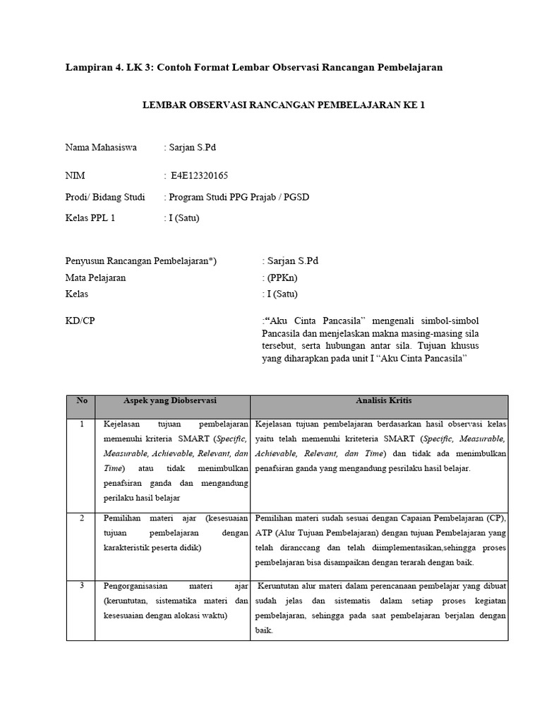 T.4 Lembar Observasi Rancangan Dan Perangkat Pembelajaran - Siklus 1 | PDF
