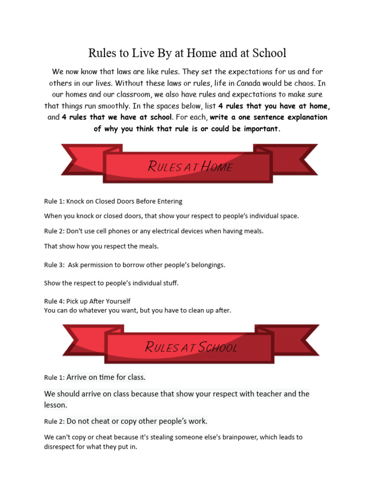 Rules To Live by at Home and at School: of Why You Think That Rule Is or Could Be Important | PDF