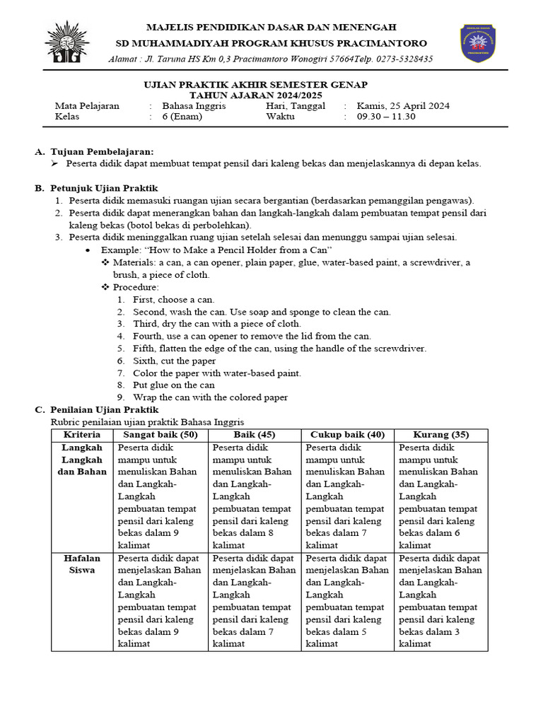 Ujian Praktek Bahasa Inggris Kelas 6 | PDF | Karier & Perkembangan | Seni & Disiplin Bahasa