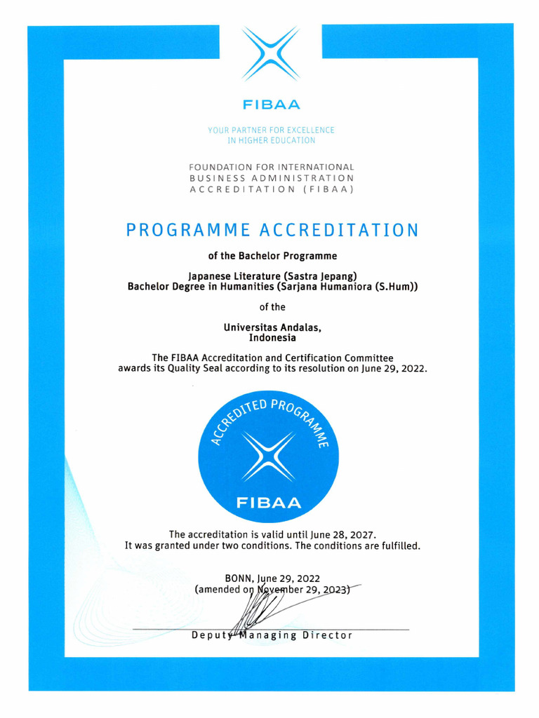 Sertifikat FIBAA Sastra Jepang | PDF