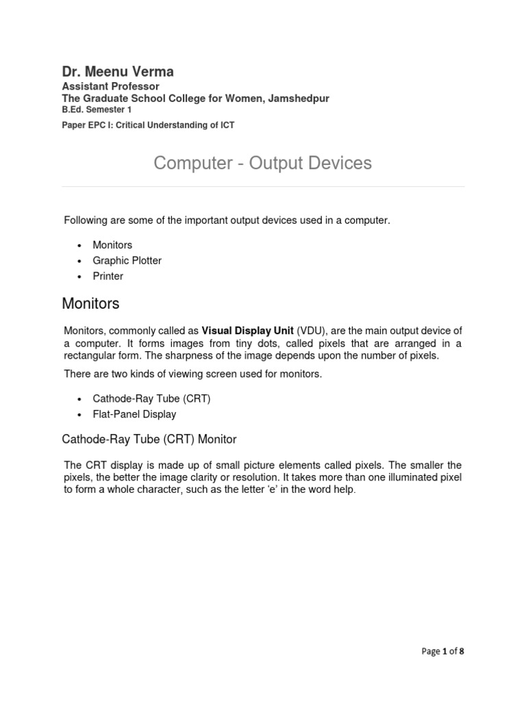 Output Device (B.ed. Sem 1 EPC I) | PDF | Computer Monitor | Printer (Computing)