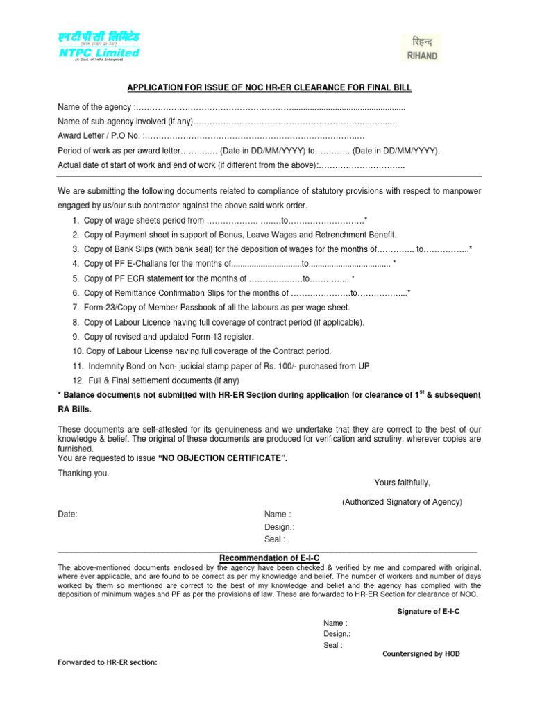 Formate NOC For Final Bill | PDF | Indemnity | Signature