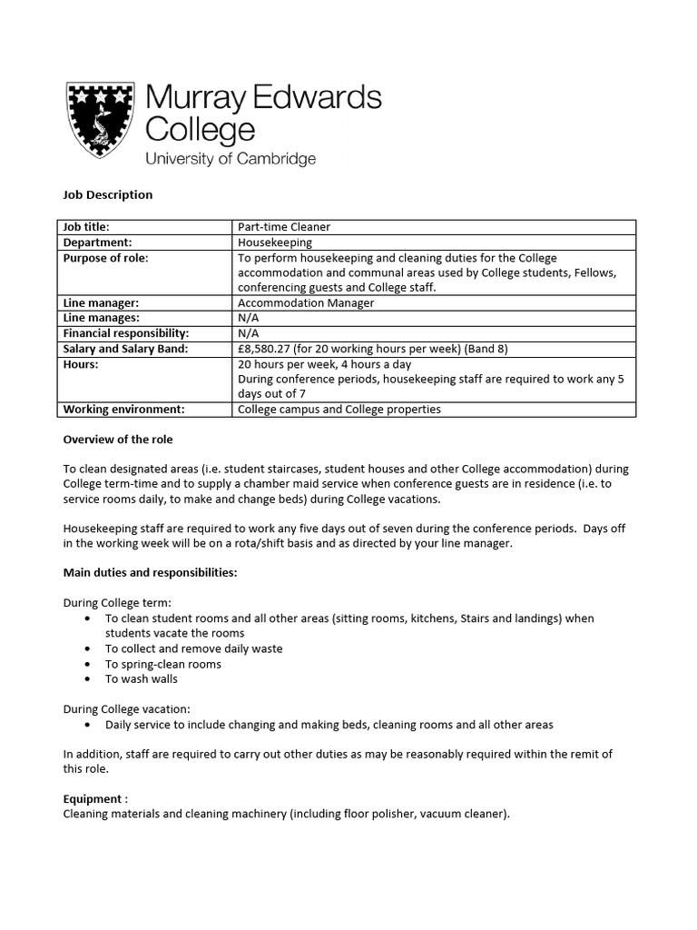 Job Description - Cleaner - Part-Time | PDF | Housekeeping ...