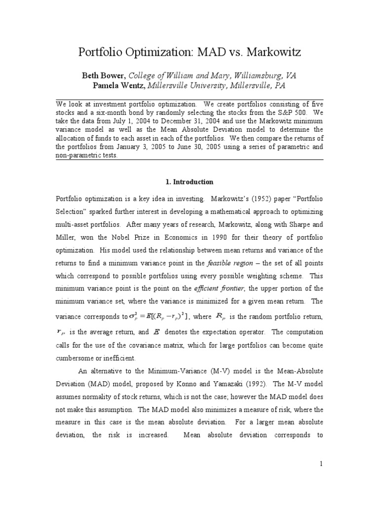 Portfolio Optimization: MAD vs. Markowitz | PDF | Variance ...