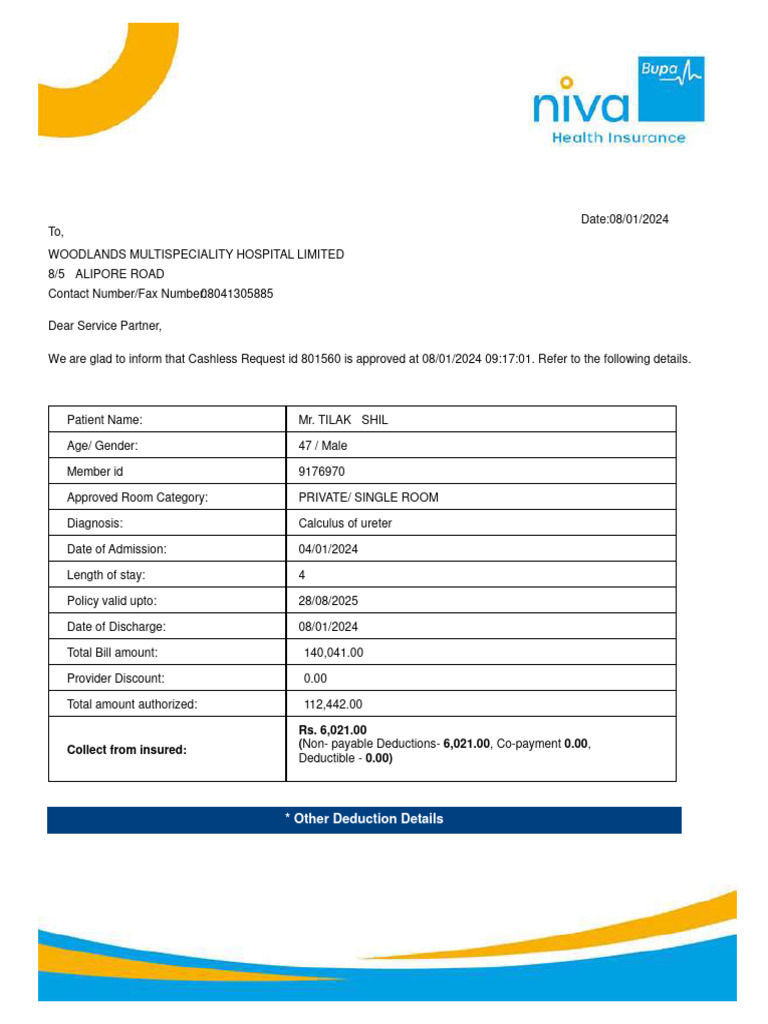 Final Cashless Approval 801560 TILAK SHIL 21966 | PDF | Insurance ...