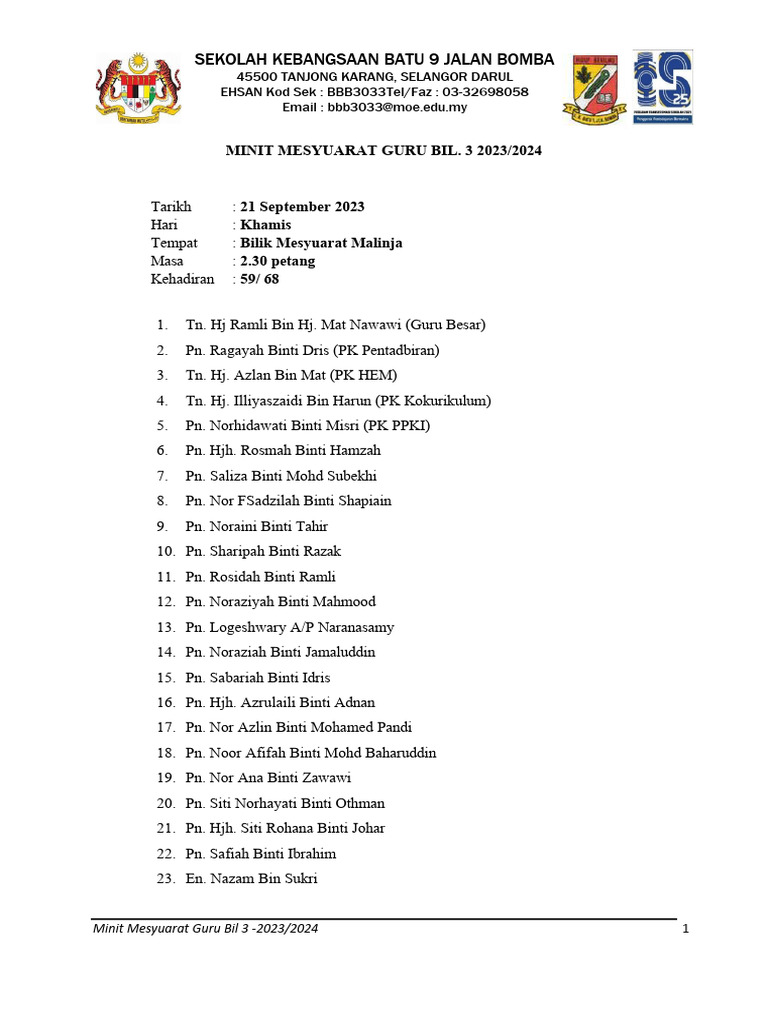 Minit Mesyuarat Guru Bil 3 2023 2024 | PDF