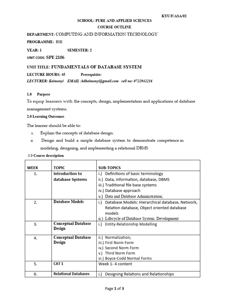 SPE 2106 FUNDAMENTALS OF DATABASE SYSTEM Course Outline | PDF | Databases | Relational Database