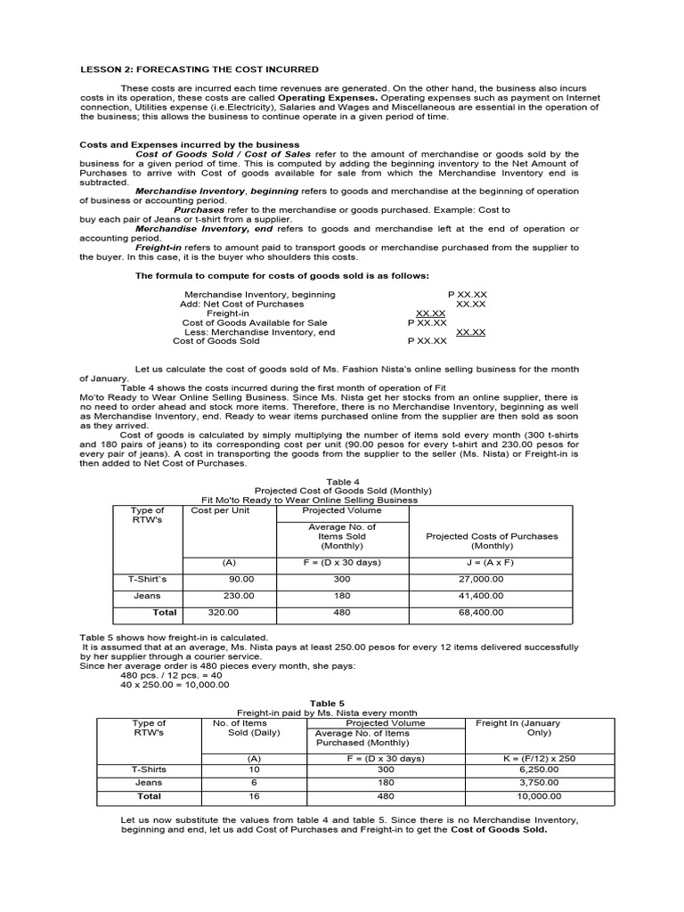 Lesson 2: Forecasting The Cost Incurred | PDF | Cost Of Goods Sold | Balance Sheet