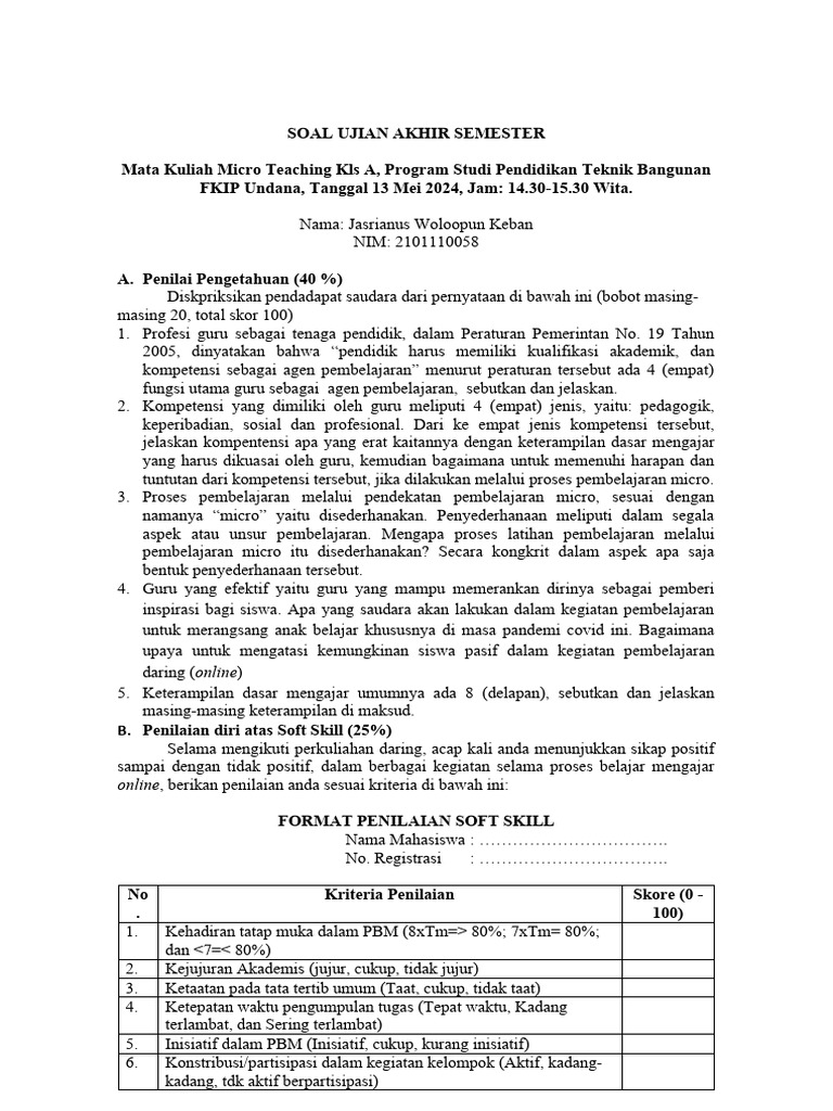 Soal - UAS - Micro - Teaching-2024 Fix | PDF