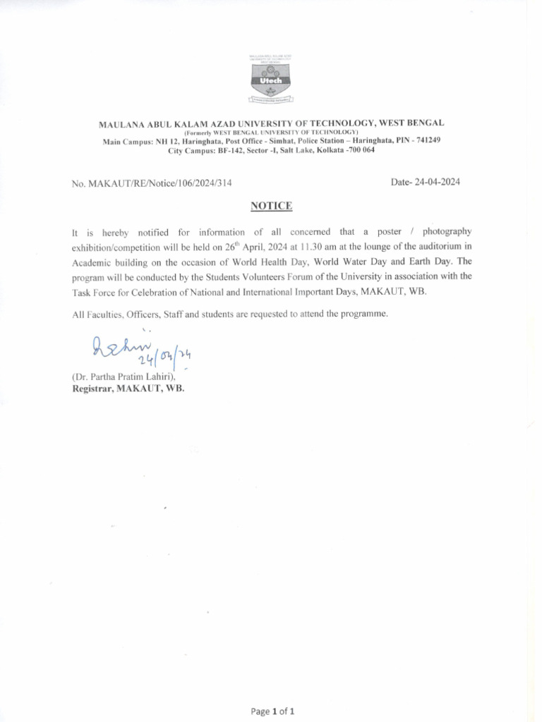 Notice On Observation of World Health, Water and Earth Day | PDF