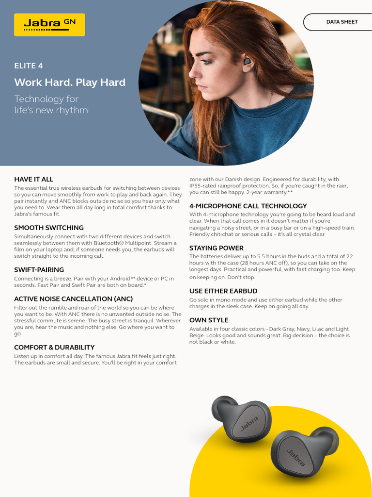 Jabra Elite 4 Data Sheet A4 Web 310123 | PDF | Headphones | Android ...
