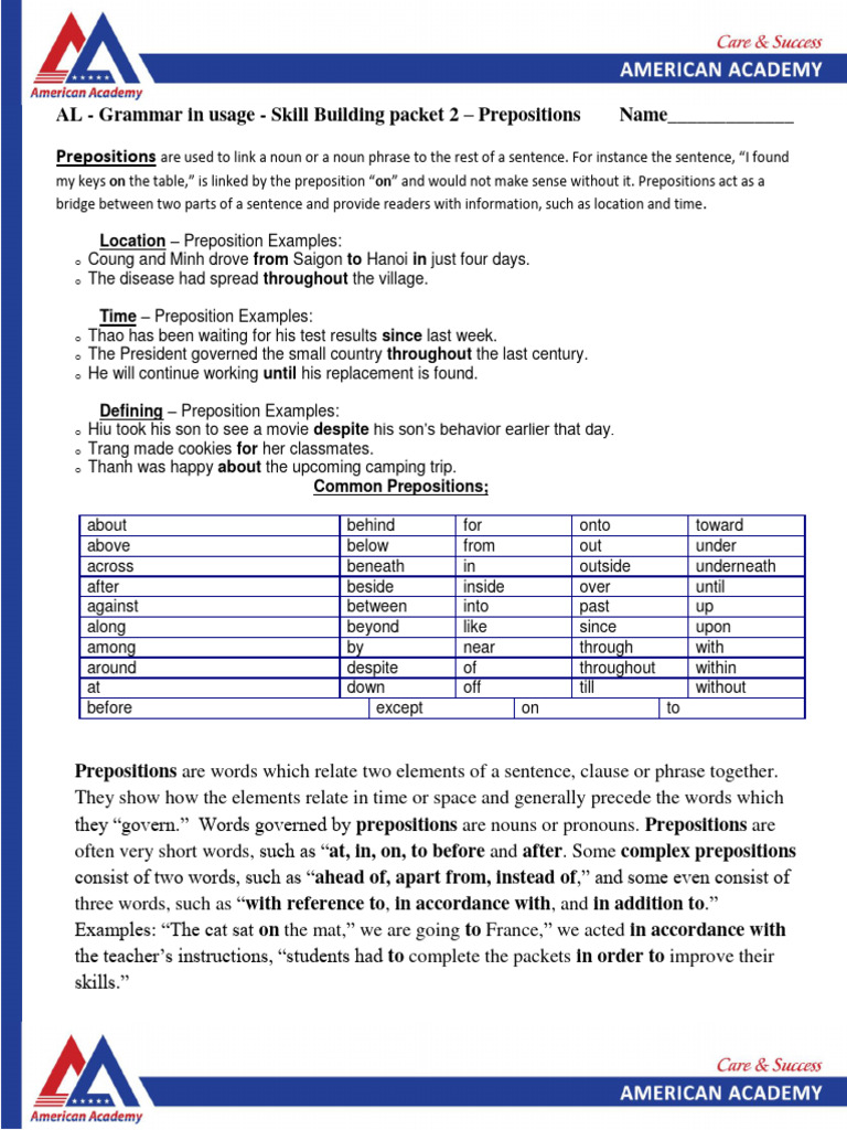 2 Prepositions AL Skill Packet | PDF | Preposition And Postposition | Phrase