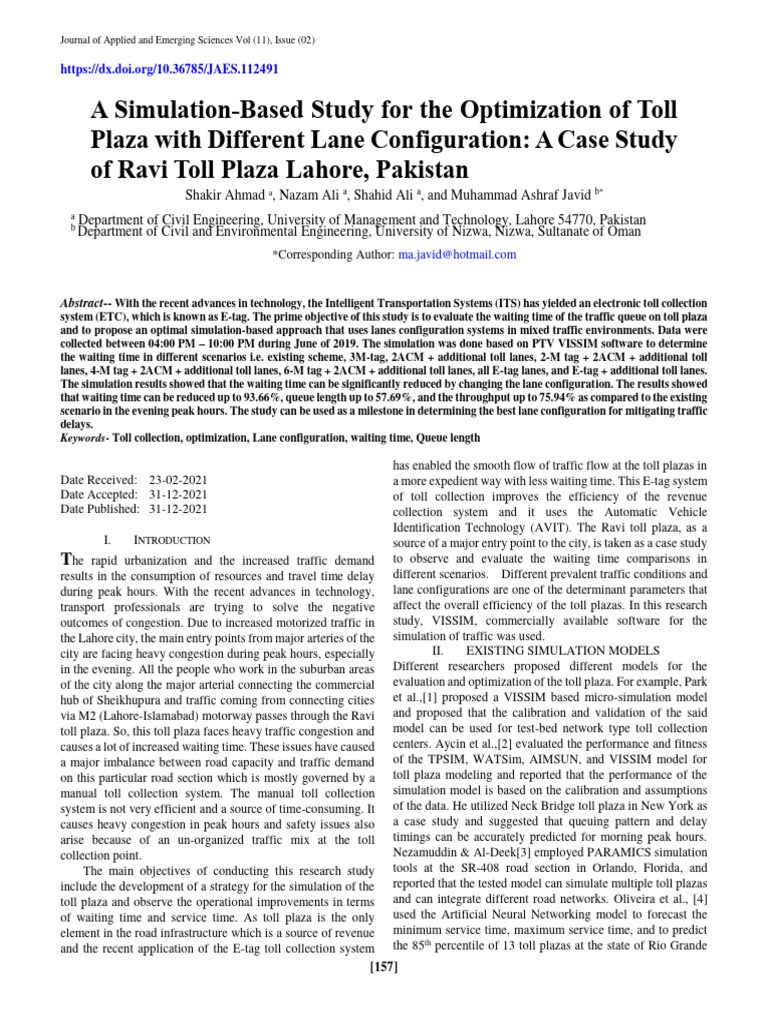 A Simulation-Based Study For The Optimization of Toll Plaza With Different Lane Configuration A ...