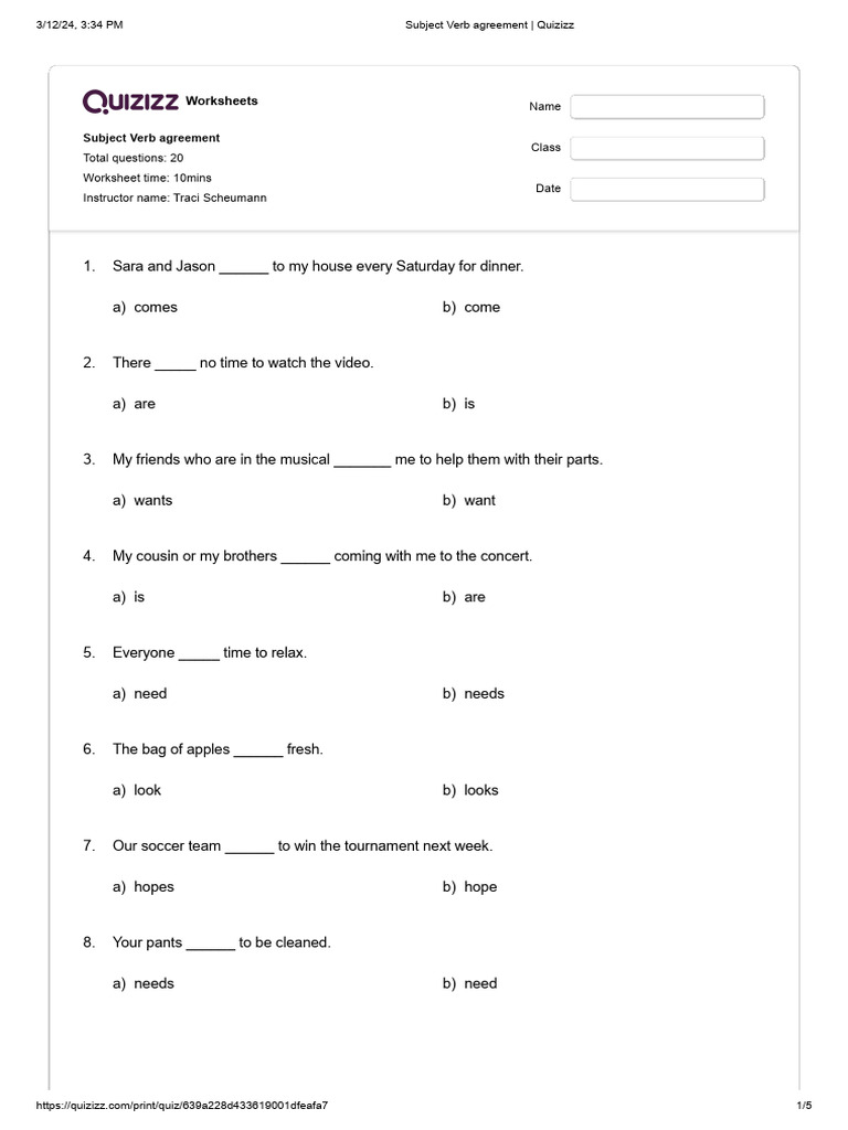 Subject-Verb Agreement Quiz | PDF