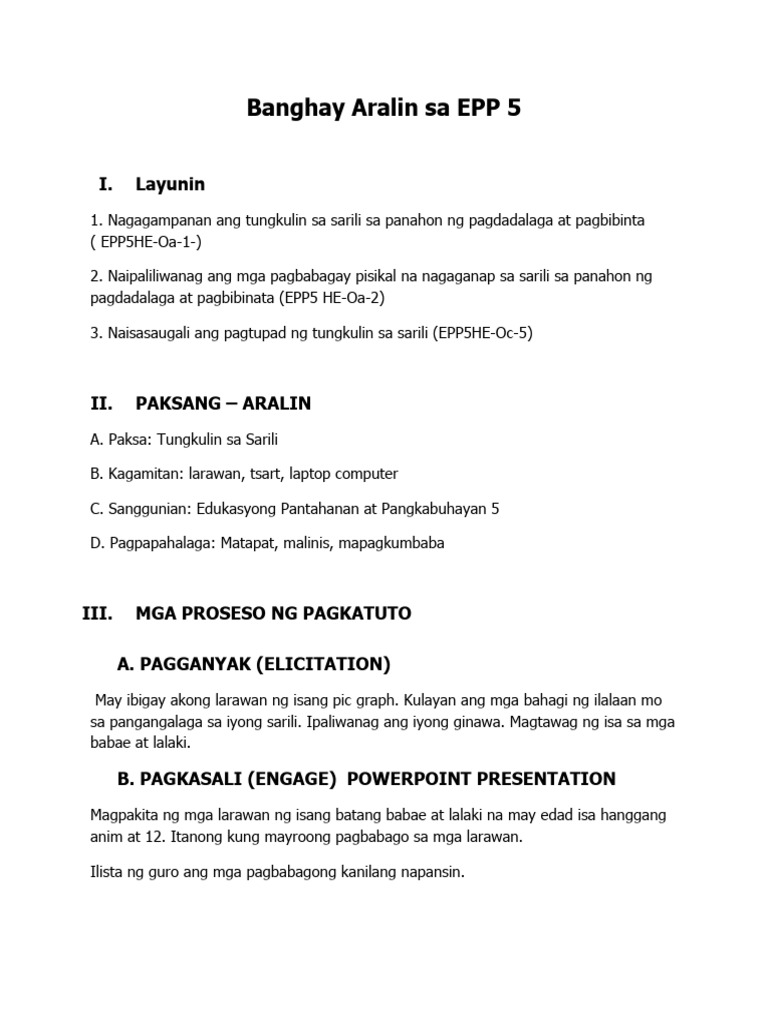 Banghay Aralin Sa EPP 5 | PDF