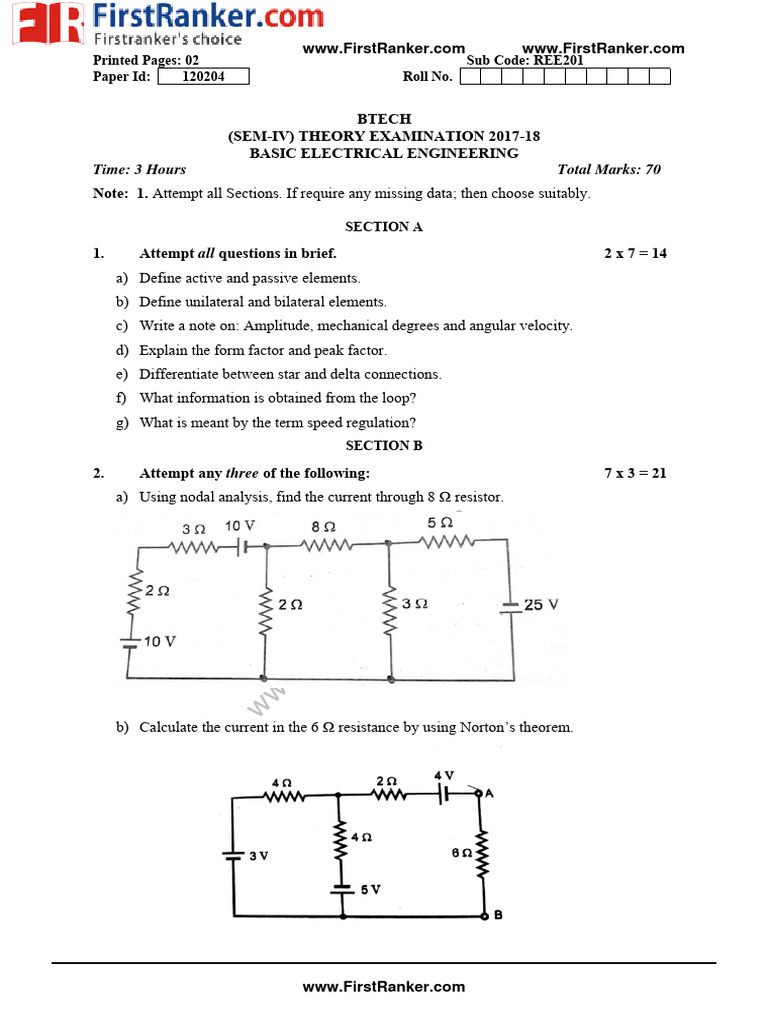 Time: 3 Hours Total Marks: 70: Btech (Sem-Iv) Theory Examination 2017-18 Basic Electrical ...