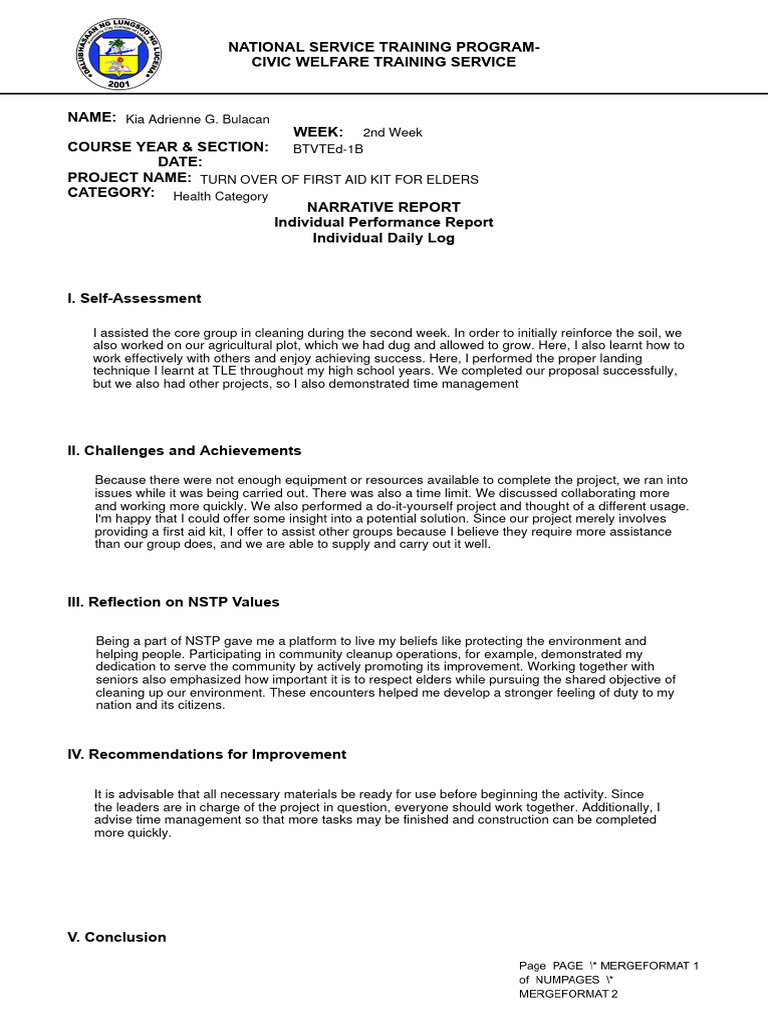 Bulacan Kia Adrienne NSTP Narrative Report Individual Blank | PDF | Social Psychology