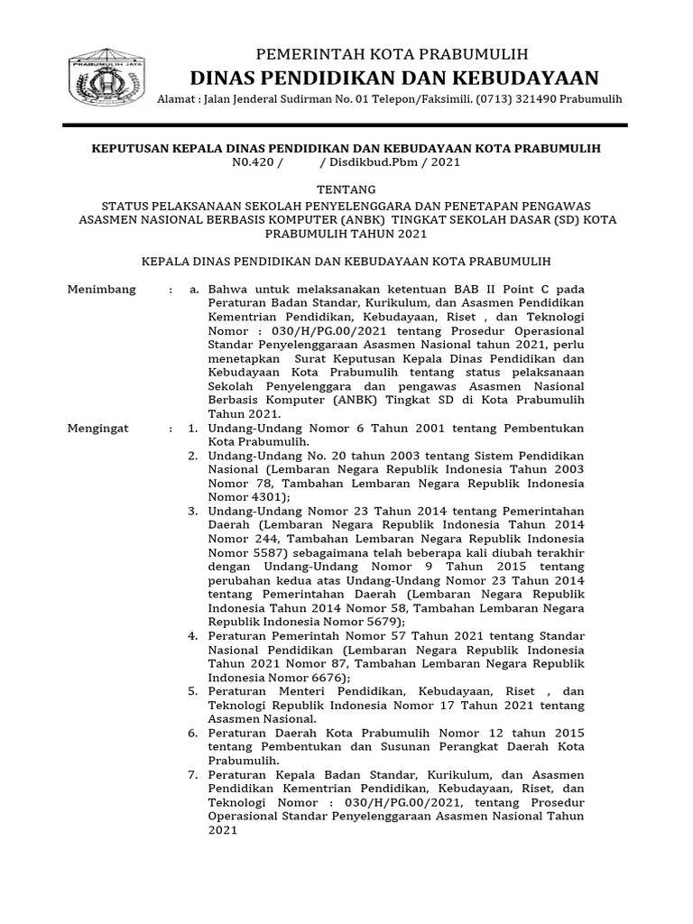 SK Pengawas Silang ANBK Nopember 2021 | PDF