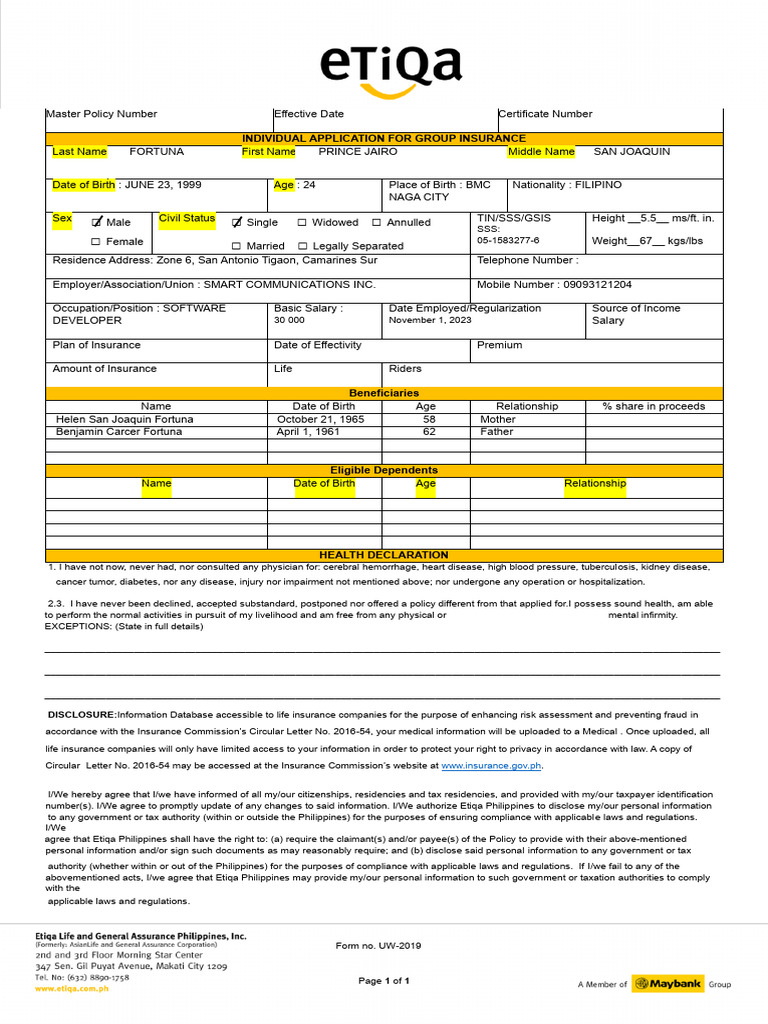 Group Insurance Application Form | PDF | Taxes | Insurance