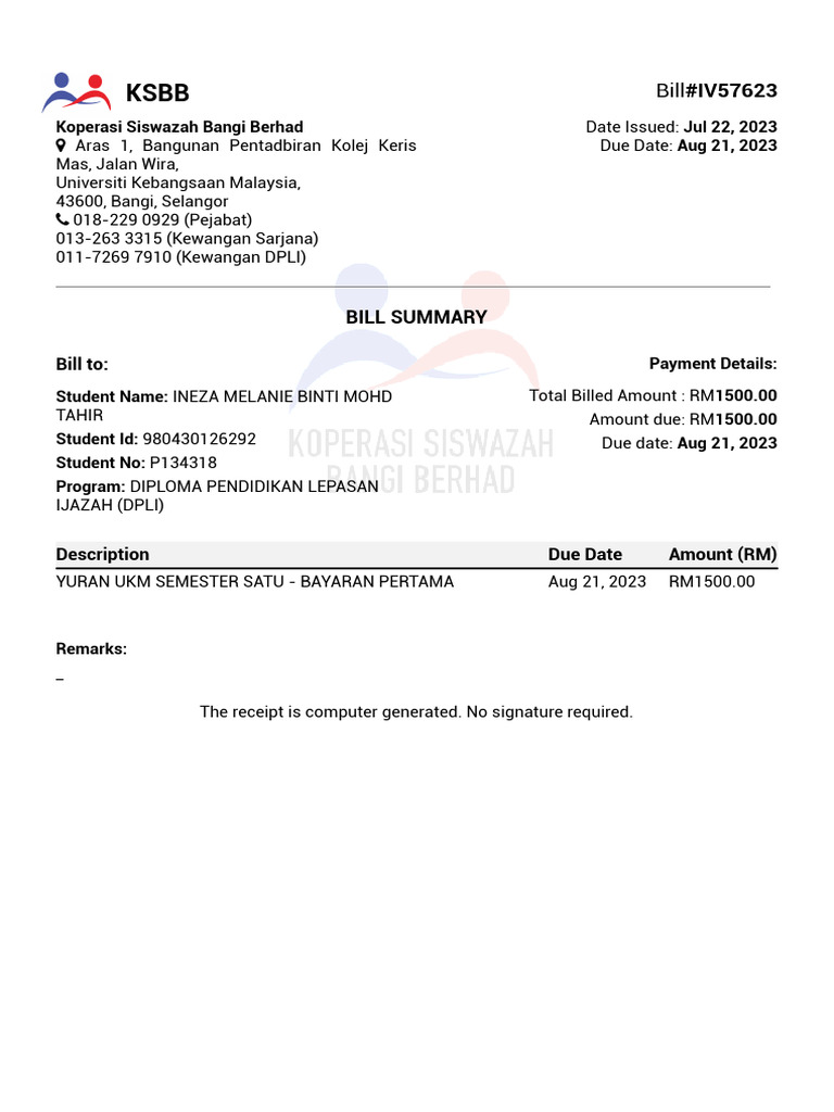 Resit Pembayaran Yuran Pendahuluan DPLI UKM | PDF