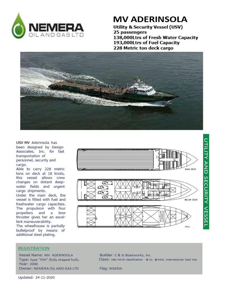 MV Aderinsola: Utility & Security Vessel Specs | PDF | Cargo | Shipping