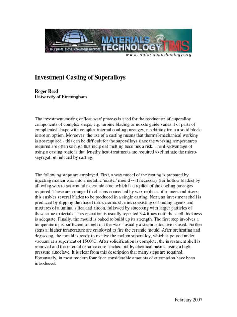 Investment Casting of Superalloys Primer | PDF | Casting | Crystallite