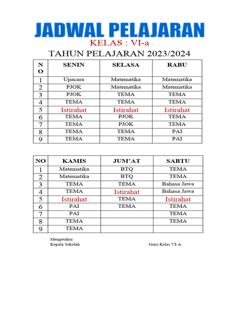 JADWAL PELAJARAN KELAS 6.a | PDF