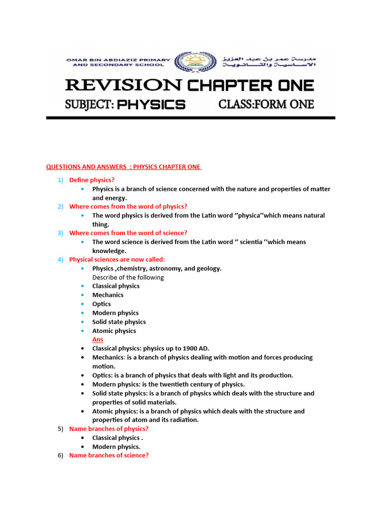 Physics Chapter One Question and Answers | PDF | Physics | Science
