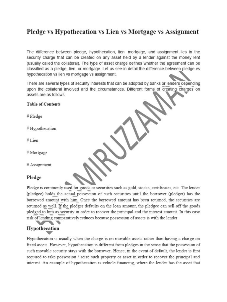 Pledge Vs Hypothecation Vs Lien Vs Mortgage Vs Assignment | PDF | Loans | Mortgages