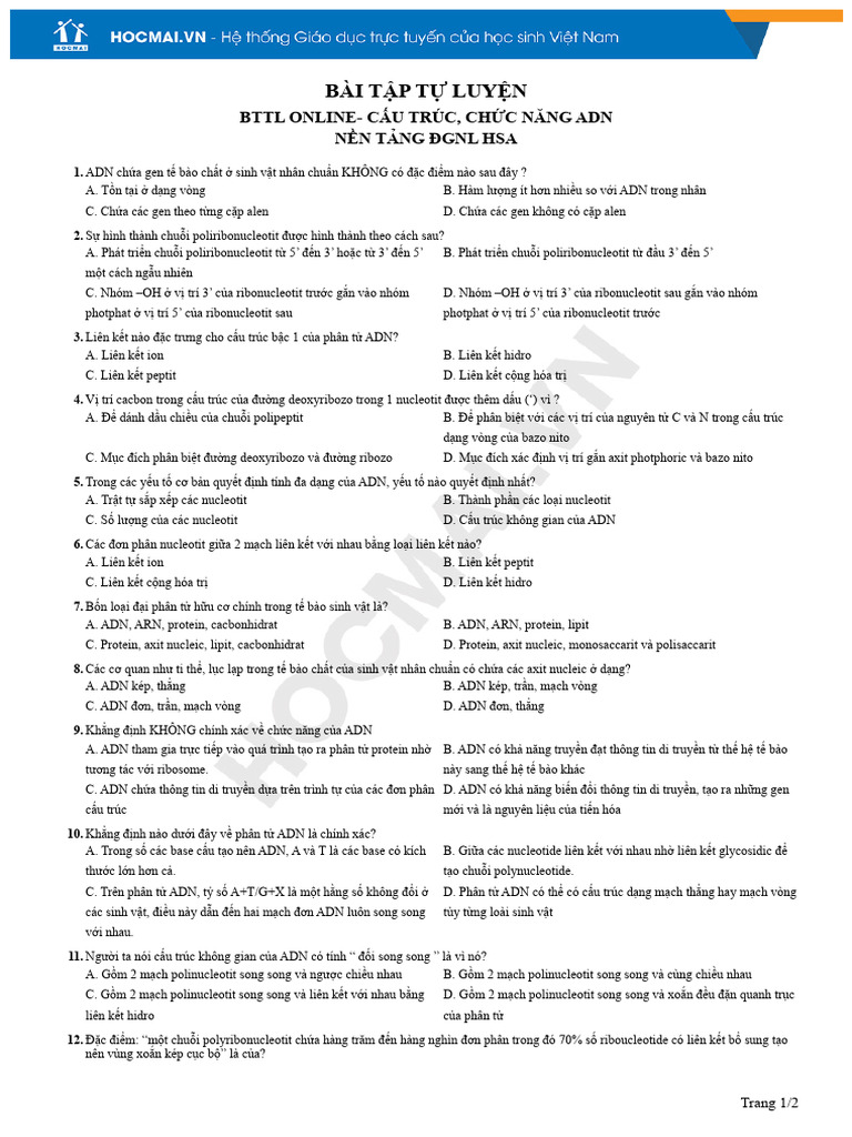 Bài Tập Tự Luyện: Bttl Online-Cấu Trúc, Chức Năng Adn Nền Tảng Đgnl Hsa | PDF