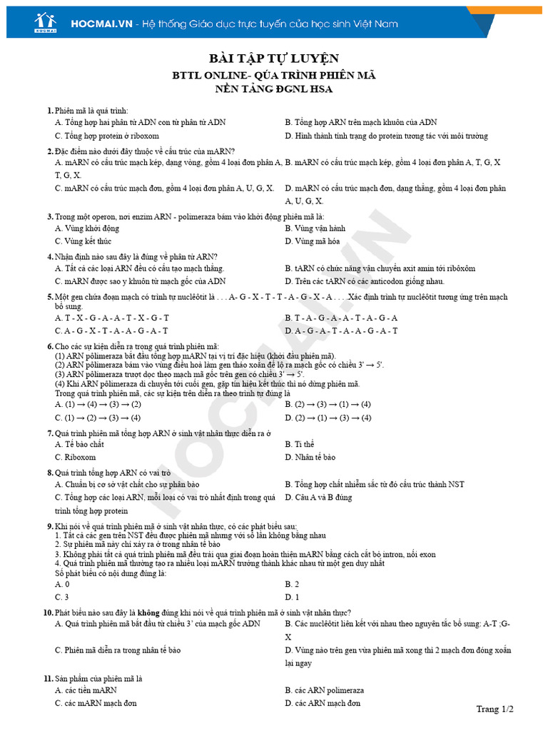 Bài Tập Tự Luyện: Bttl Online-Qúa Trình Phiên Mã Nền Tảng Đgnl Hsa | PDF