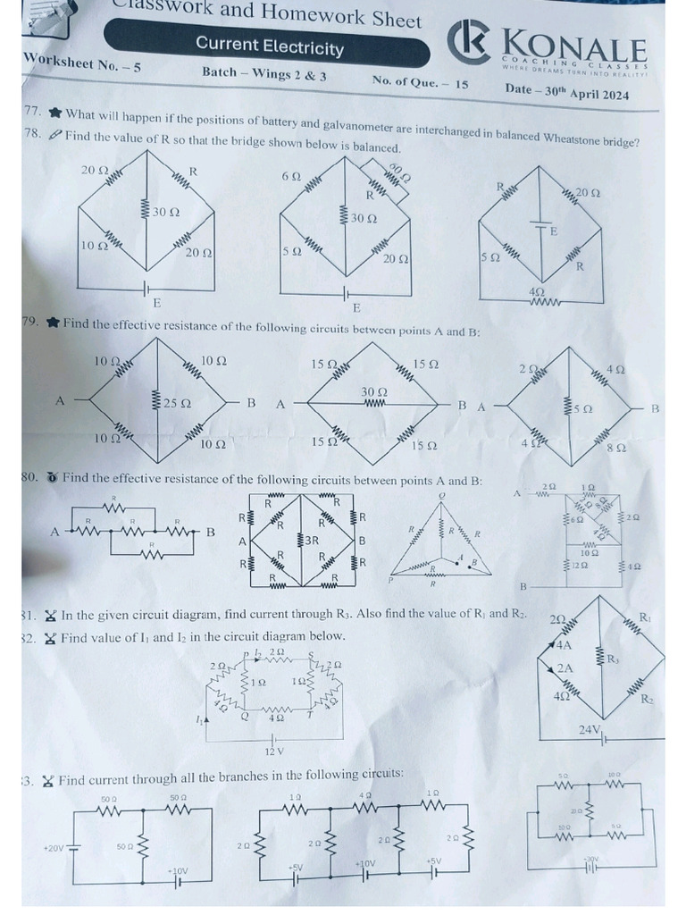 Current Electricity Worksheet 5 | PDF