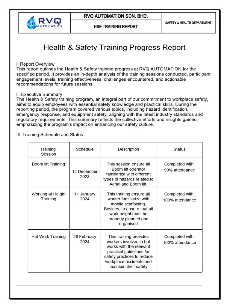 Health & Safety Training Progress Report | PDF | Occupational Safety ...
