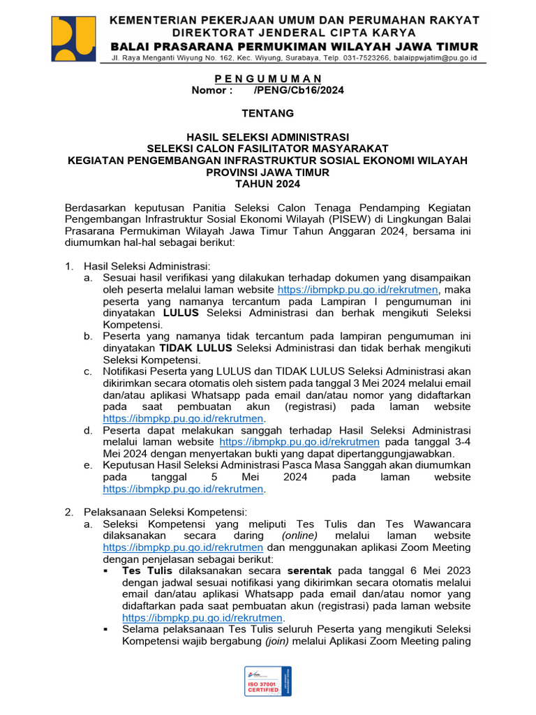 Pengumuman Rekrutmen FM - Hasil Administrasi 2024 | PDF