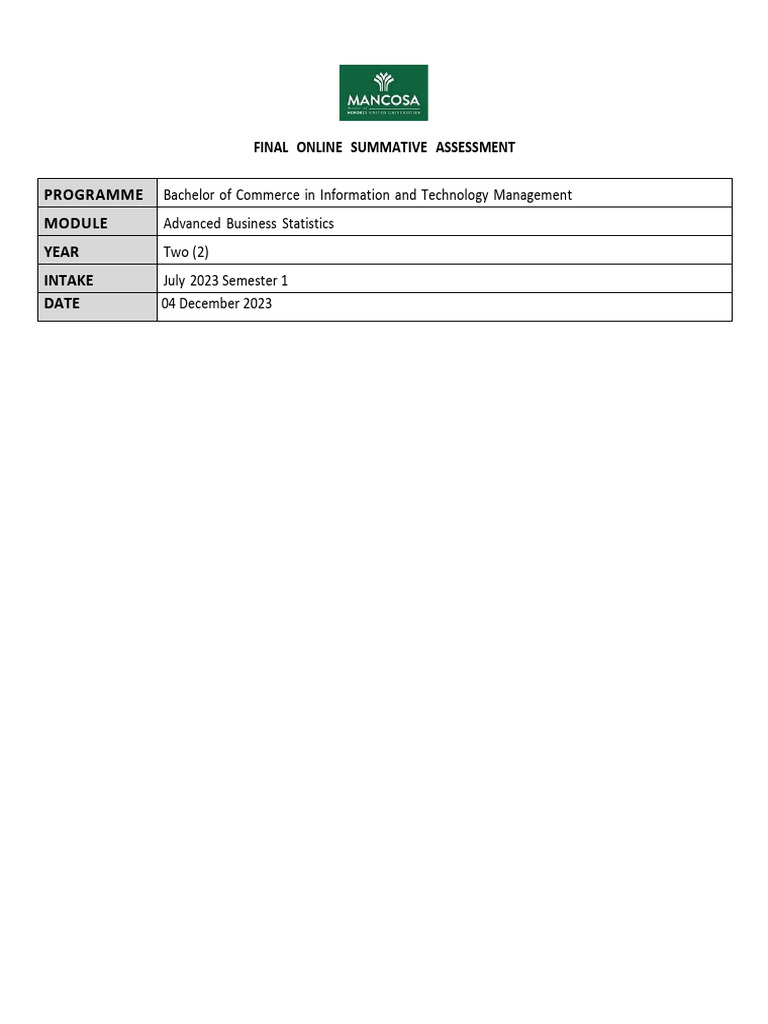 Advanced Business Statistics Final OSA | PDF | Applied Mathematics ...
