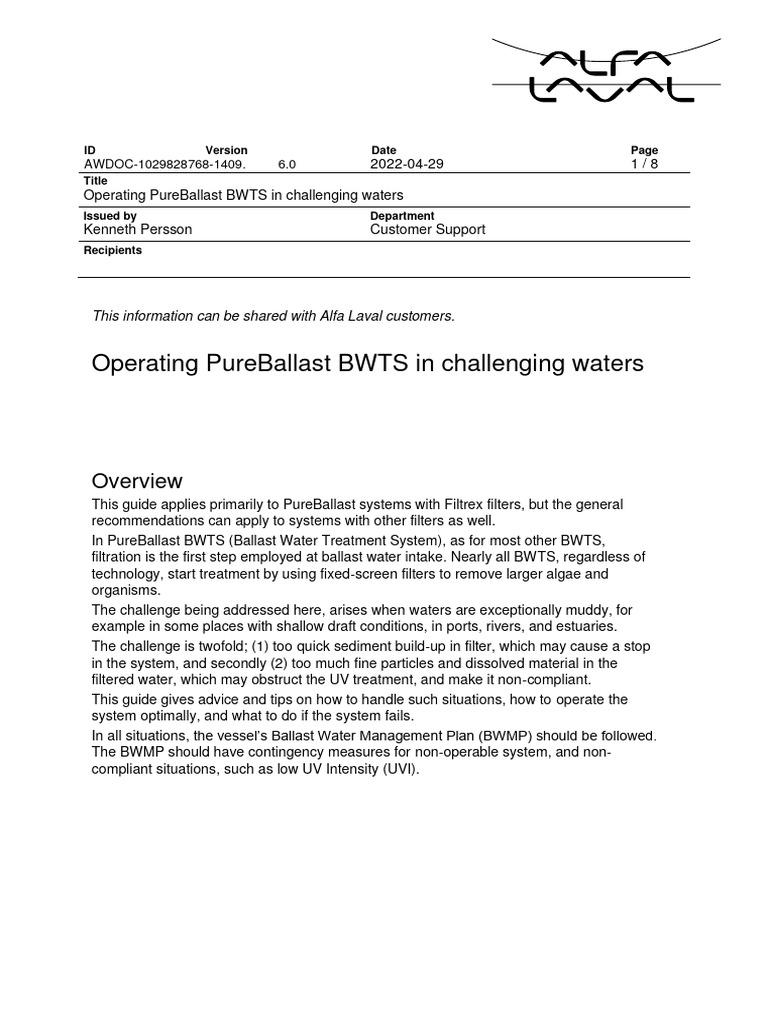Operating PureBallast BWTS in Challenging Waters v.6 | PDF | Pump | Water