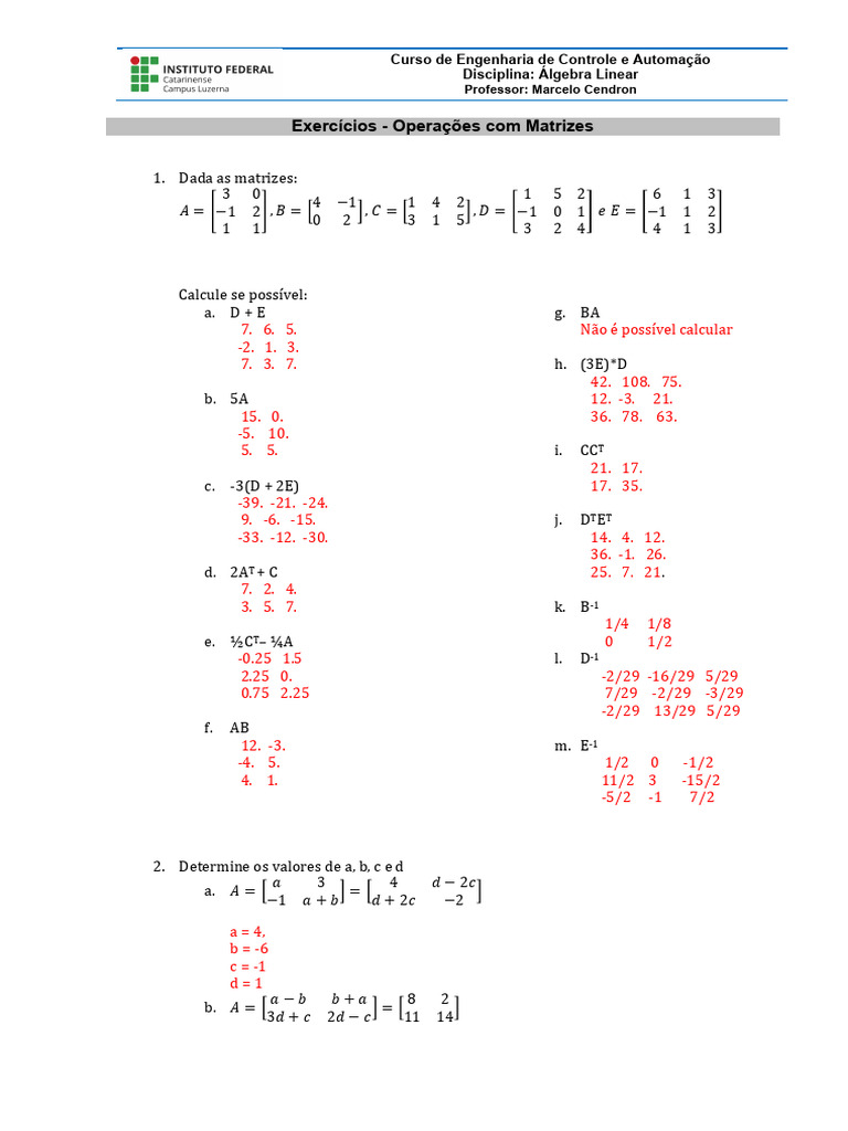 Exercícios Matrizes 06 Com Respostas 240510 073758 | PDF | Matriz ...