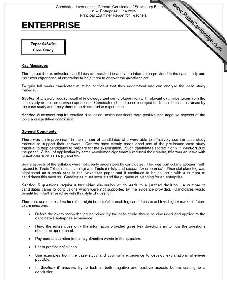 Enterprise: Paper 0454/01 Case Study | PDF | Question | Knowledge
