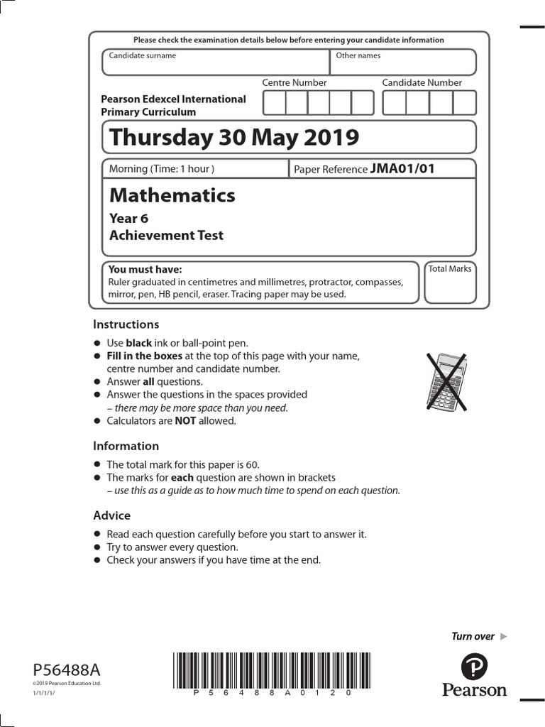 Pearson Yr 6 Achivement Test - Maths Q (JMA01) | PDF | Area