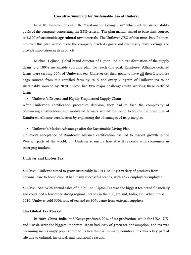 Executive Summary - Sustainable Tea at Unilever 2023 | PDF | Unilever | Tea