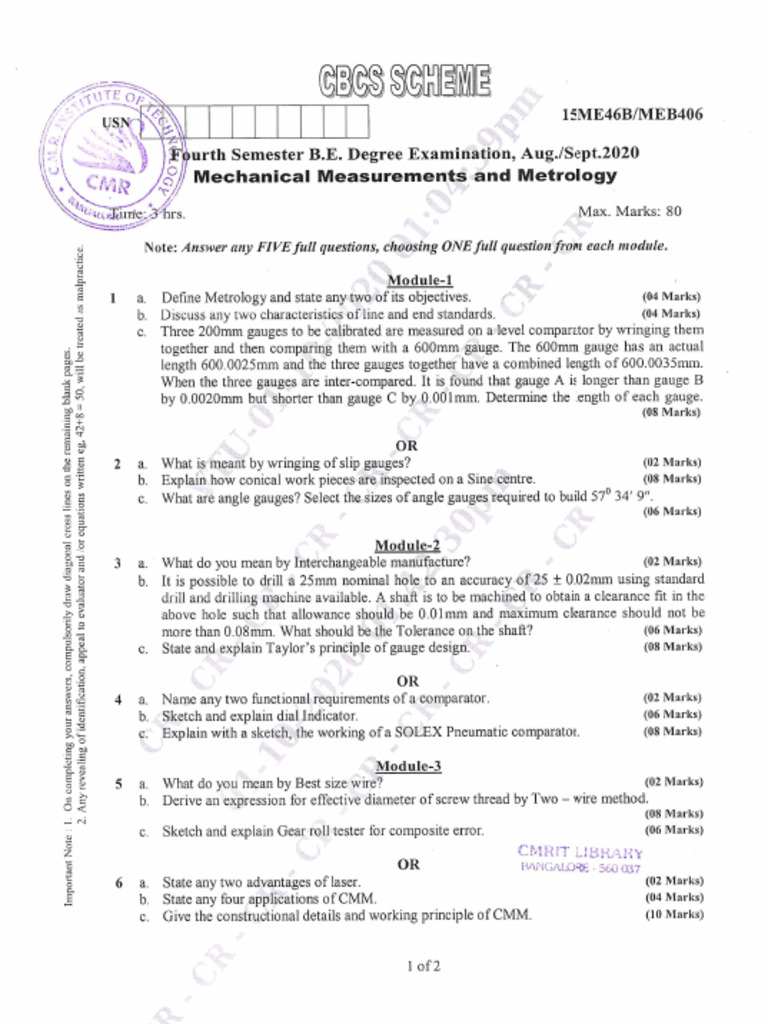 VTU Question Paper of 15ME46B Mechanical Measurements and Metrology Aug ...