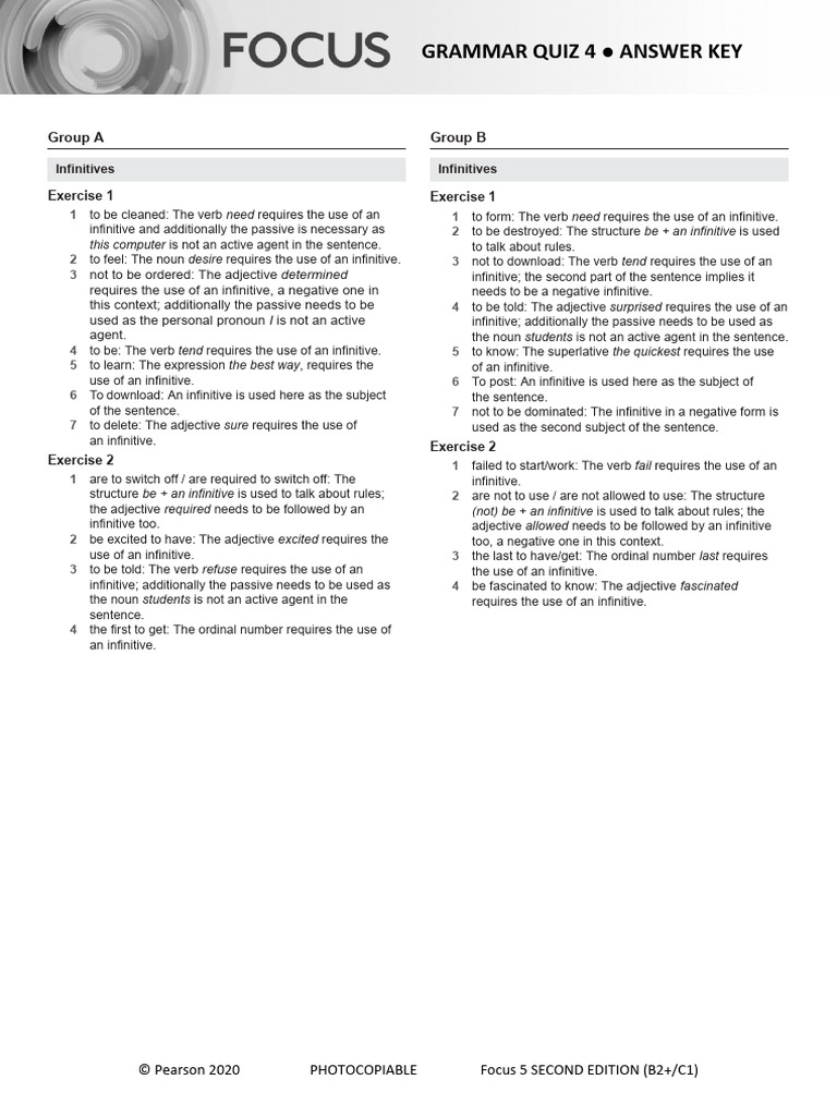 Focus5 2E Grammar Quiz Unit4 GroupA B ANSWERS | PDF | Verb | Adjective