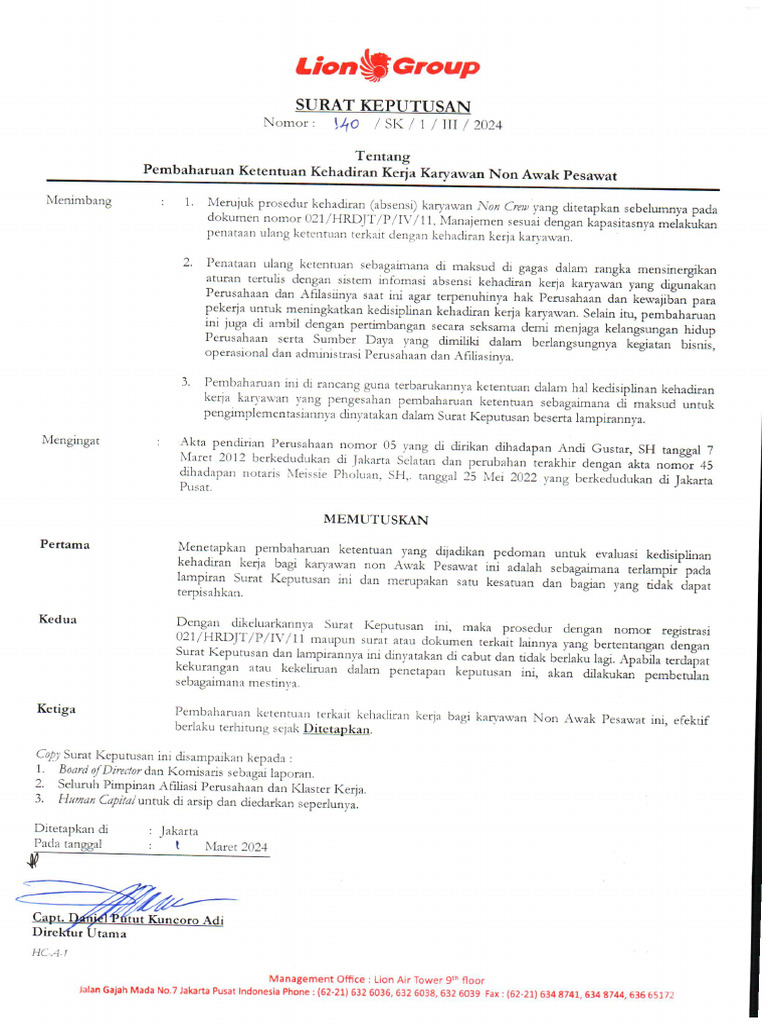 140-SK-1-III-2024 Tentang Pembaharuan Ketentuan Kehadiran Kerja Karyawan Non Awak Pesawat | PDF