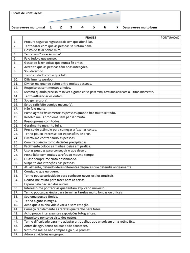 Questionário BFP | Download grátis PDF | Ciências comportamentais | Psicologia