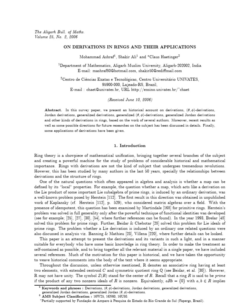 On Derivations in Rings and Their Applications | PDF | Ring ...