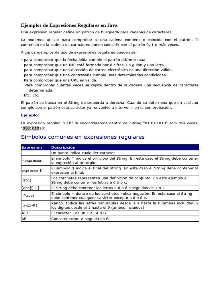 Expresiones Regulares en Java | PDF | Expresión regular | Cadena ...