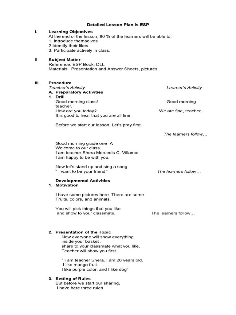 Detailed Lesson Plan Is ESP | PDF | Lesson Plan | Teaching