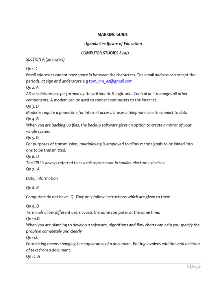 Senior Four Paper 1 New Vision v9 Marking Guide | PDF | Printer ...